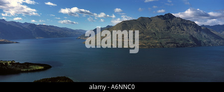 panoramic view over the Queenstown Bay of Lake Wakatipu at the mountain ...