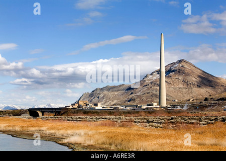 Kennecott Copper mine refinery smelter stack against hills outside of ...