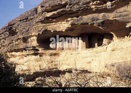 Africa, Mali, Dogon Region. Ancient Tehillem ruins in cliffs above ...