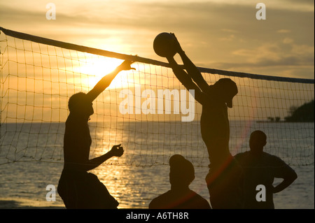 Fijians playing beach volleyball at Walu Beach resort on Malolo Island ...