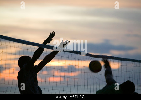Fijians playing beach volleyball at Walu Beach resort on Malolo Island ...
