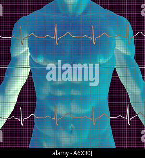 computer generated male robot chest showing Electro cardiogram chart ...