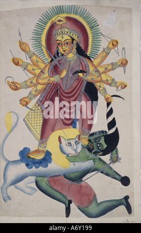 Goddess durga killing demon mahishasura with goddesses laxmi Stock ...