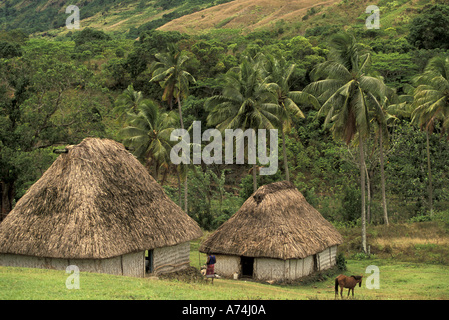 Oceania, Fiji, Viti Levu, Navala. Traditional bure or thatched roof hut ...
