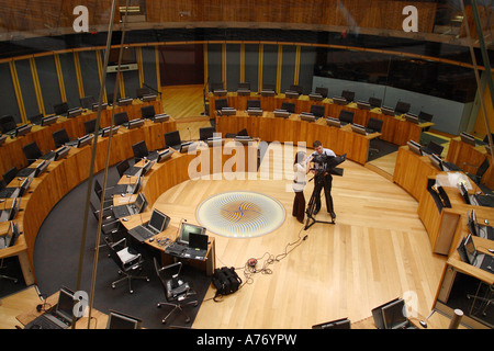 Interior of National Assembly for Wales showing timber cladding Stock ...