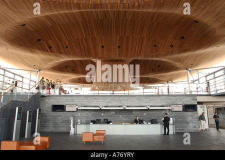 Modern interior with wood slat ceiling, comfortable blue furniture ...