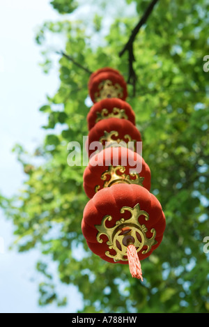 A low-angle shot of the paper lanterns hanging on a temple in Kyoto ...
