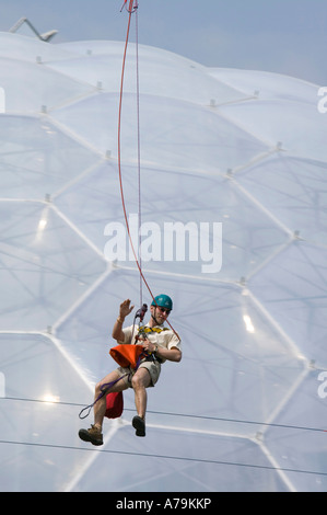 Eden Project dome and zip wire thrill seeker Stock Photo - Alamy