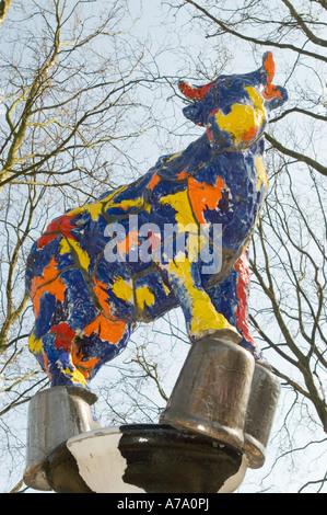 Giant colourful cow statue on Beesten Square in old town of Delft South ...