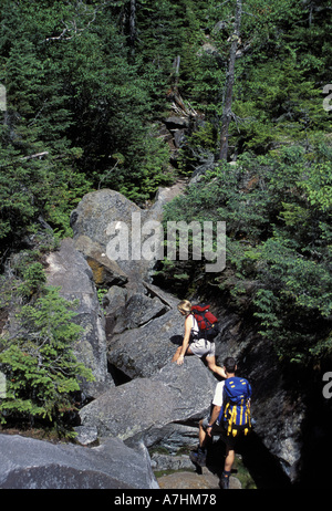 US, ME, Hiking Mahoosuc Notch Trail, Appalachian Trail, giant boulders ...