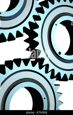 Three white gears or cogwheels on blue background with copy space ...