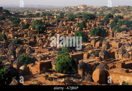 view of the flat rooftops and granaries, Songo, Dogon Country, Mali ...