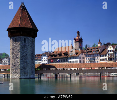 Chapel bridge over river Reuss. Interior of a roofed bridge in ...