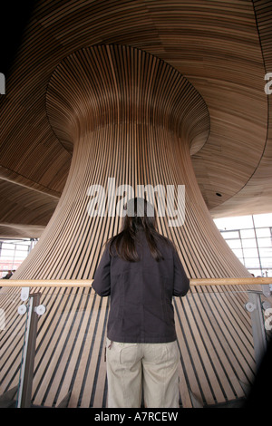 Inside Y Senedd, or Welsh Assembly building, showing the cedar clad ...