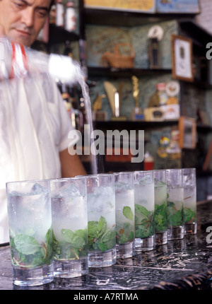 Barman making cocktail Mojito in night club adding ingredients and ...