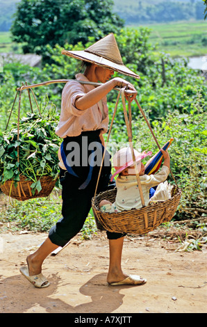 Asia, China, Yunnan, Simao Region, Jinggu. Autumn farm scene with river ...