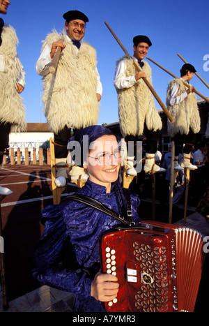 French Basque people man shepherd with dog and flock of sheep Pyrenees ...