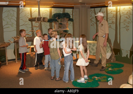 Children practicing snake handling techniques in a nature classroom ...