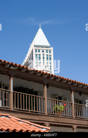 Contrast of older Spanish colonial style architecture with modern high ...