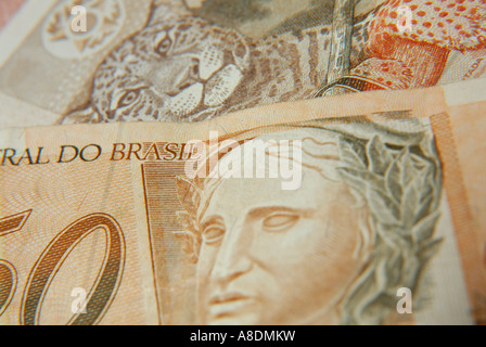 50 (fifty) Brazilian Real note closeup macro, showing Jaguar animal ...
