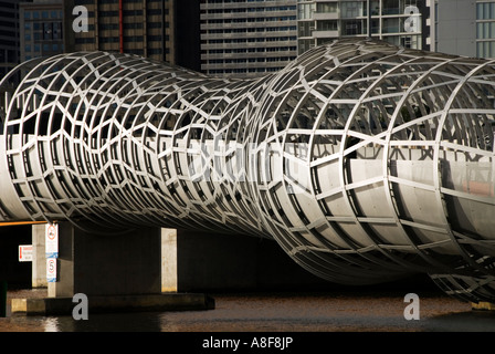 View of spectacular new steel Webb Bridge over Yarra River in Docklands ...