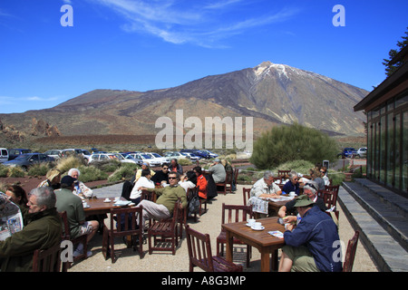View of Mount Teide from a restaurant balcony at El Portillio la Villa ...