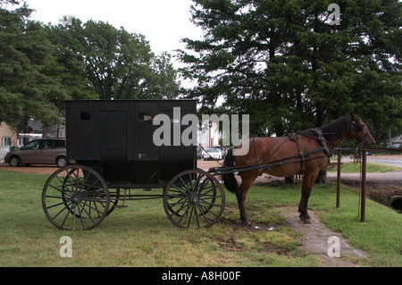 Amish Carriage in Rain Tied to Hitching Post Yoder Kansas Stock Photo ...