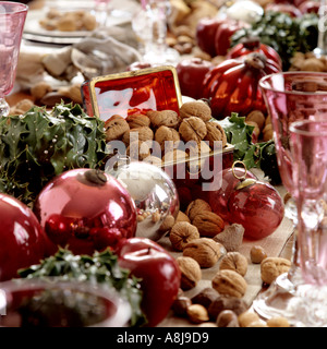 Christmas decoration with red Christmas baubles and rose blossom Stock ...