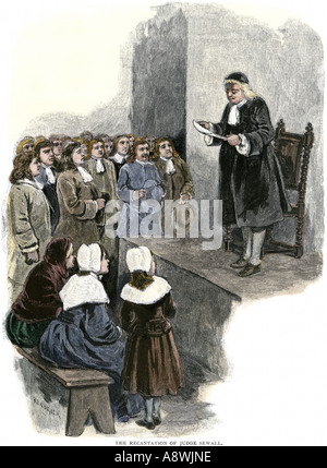 The Trial of a Witch, 17th century Puritan America. Illustration for ...