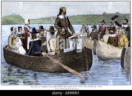 Landing of Roger Williams at Providence Rhode Island 1636. Hand-colored woodcut Stock Photo - Alamy