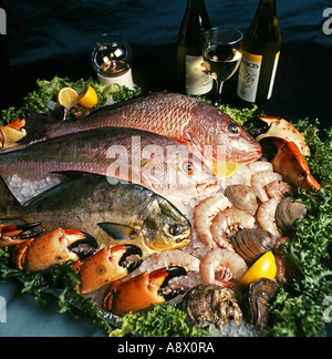 A variety of fresh whole fish arranged on crushed ice in a seafood ...