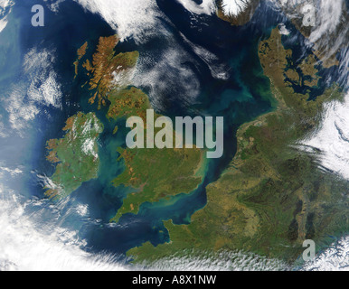 Satellite view of England and Wales, UK (with country boundaries). This ...
