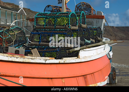 Filey Coble Boat loaded with Crab and Lobster Pots Stock Photo - Alamy