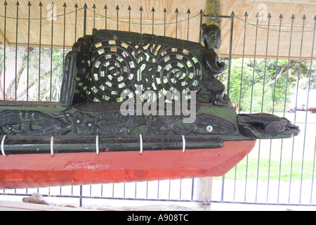 New Zealand Whakatane Mataatua Waka Canoe in canoe house with decorated ...