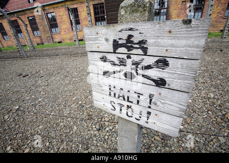Warning sign with a skull (stop) in front of a barbed wire in Auschwitz ...