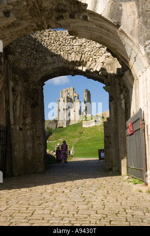 Corfe Castle as seen from the Purbeck Way footpath on the Purbeck Hills ...