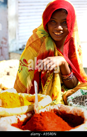 Female Indian Trader on Spice Stall, Anjar, Gujarat, India Stock Photo ...