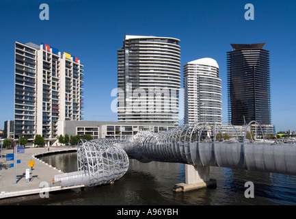 View of spectacular new steel Webb Bridge over Yarra River in Docklands ...
