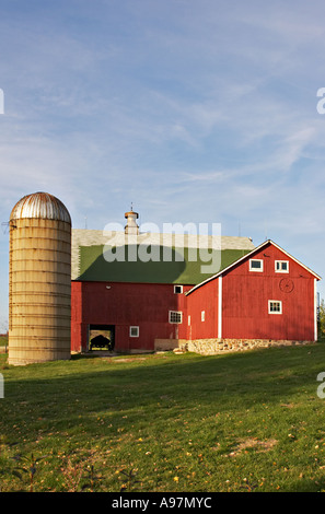 WISCONSIN Kenosha County Red barn with white trim stone foundation silo ...