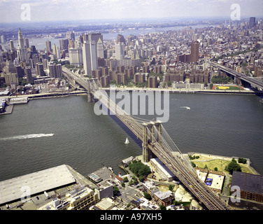 Aerial view of the Brooklyn Bridge from the Bowery over apartments ...