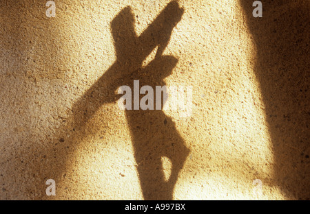 Shadow against a pale rendered wall of Jesus Christ hanging from a ...