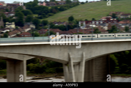 Eurostar train crossing the Medway bridge in Kent, England on way from ...