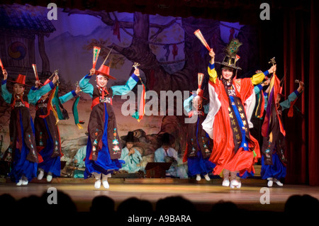 Korean dancer in traditional costume performing during a performance in ...