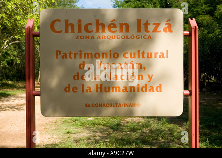 A sign at the entrance to Chichen Itza Mayan ruins on the Yucatan ...