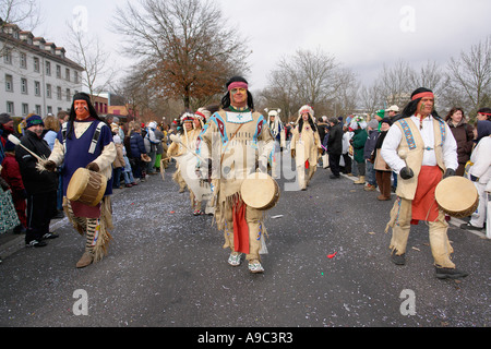 Red Indian music group Carneval parade in Baden Württemberg Germany ...