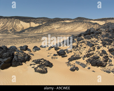 Shiny black volcanic rock strewn over the sand in the Black Desert ...