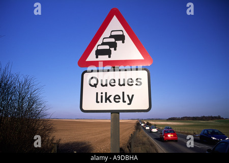 Queues likely road sign on the A303 near Stonehenge in Wiltshire county ...