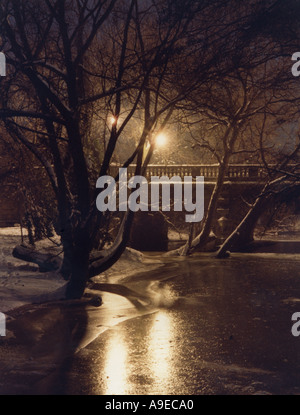 Night time in the snow Magdalen bridge Oxford looking towards The Plain ...