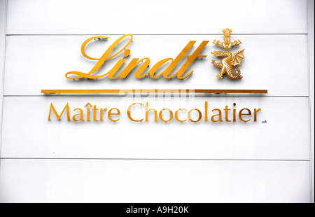 Lindt logo on a wall. Lindt is a Swiss chocolatier and confectionery ...