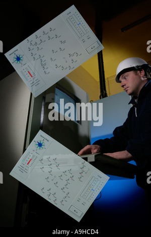 Computerised wind farm control room interior with controller showing ...